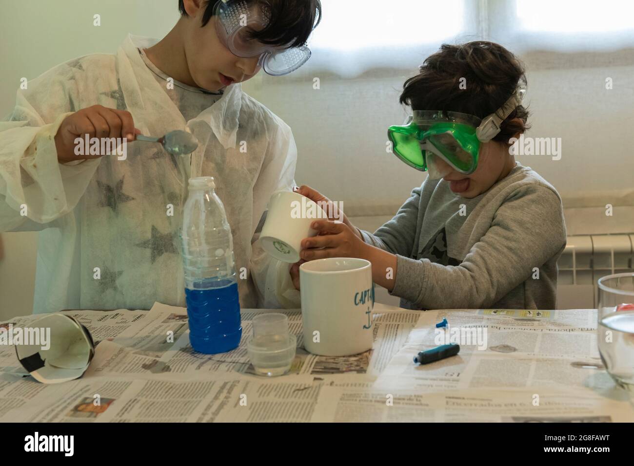 two kid play science experiment chemical game indoor at home lab with ...