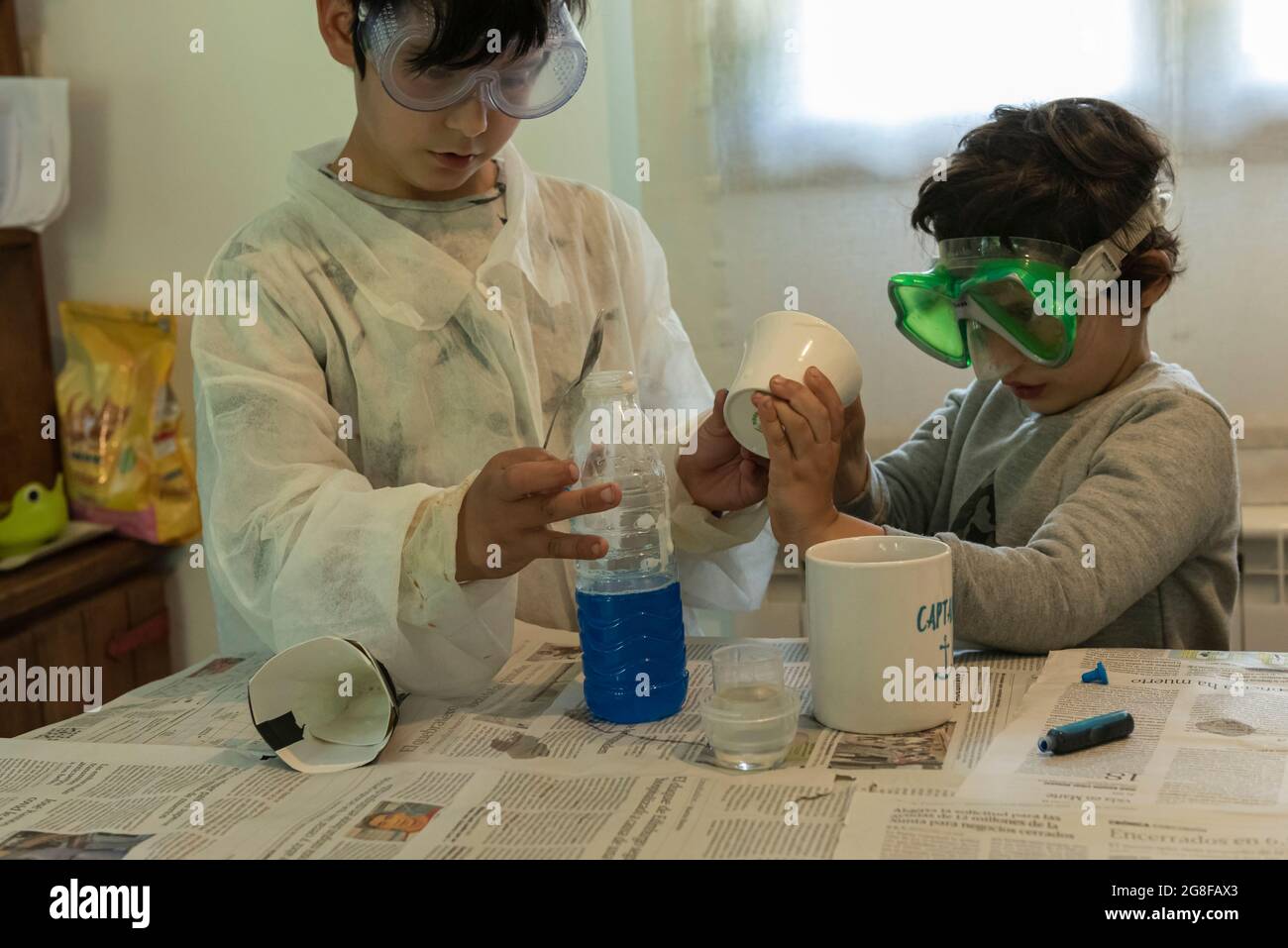 two kid play science experiment chemical game indoor at home lab with ...