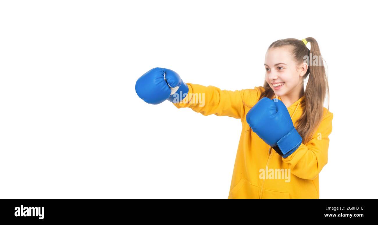 happy kid boxer in boxing gloves ready to fight and punch isolated on ...