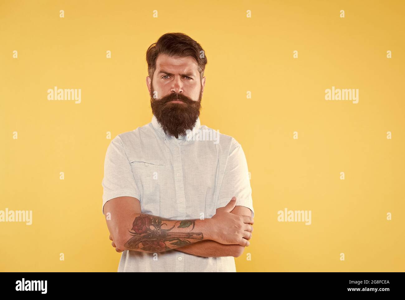 handsome caucasian guy with moustache and stylish hair, barbershop ...