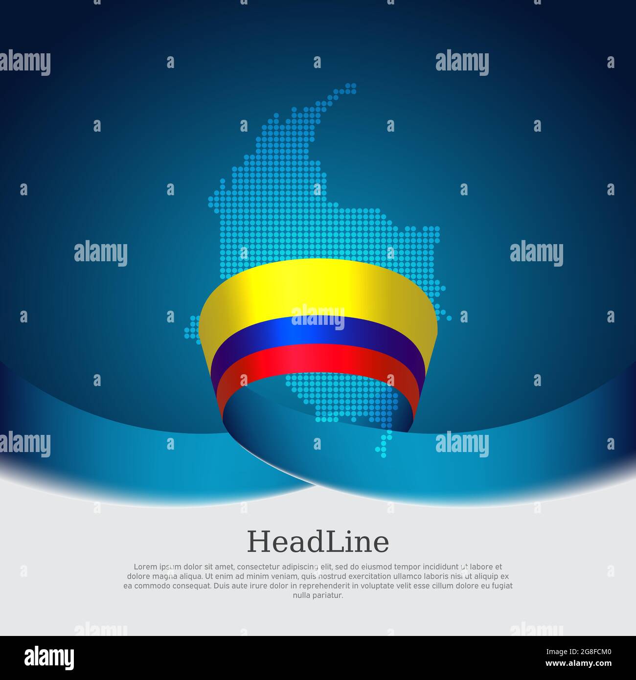 Colombia flag, mosaic map on blue white background. Wavy ribbon with ...