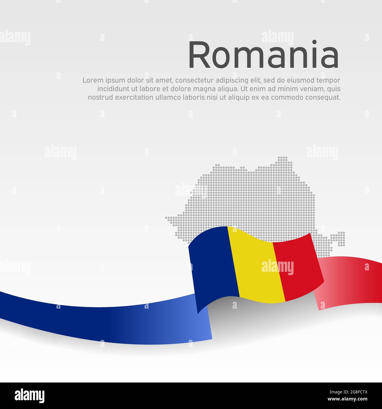 Romania flag, mosaic map on white background. Wavy ribbon with the ...