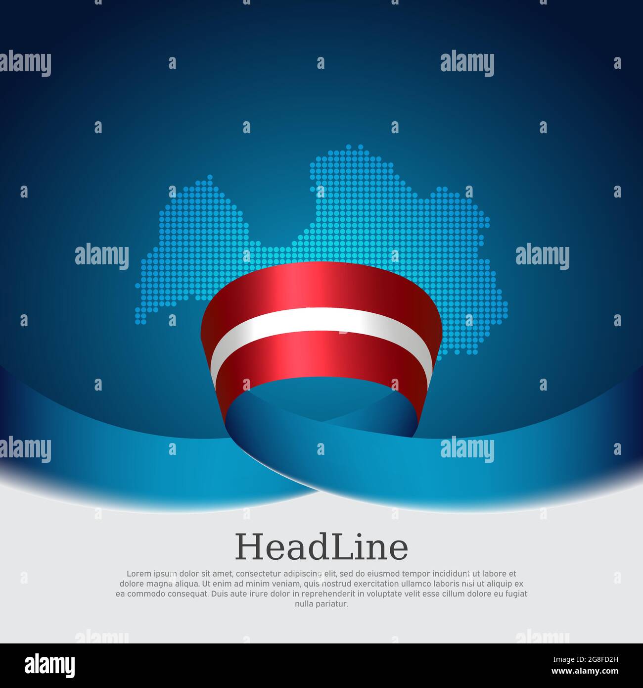 Latvia flag, mosaic map on blue white background. Wavy ribbon with the latvian flag. Vector ...
