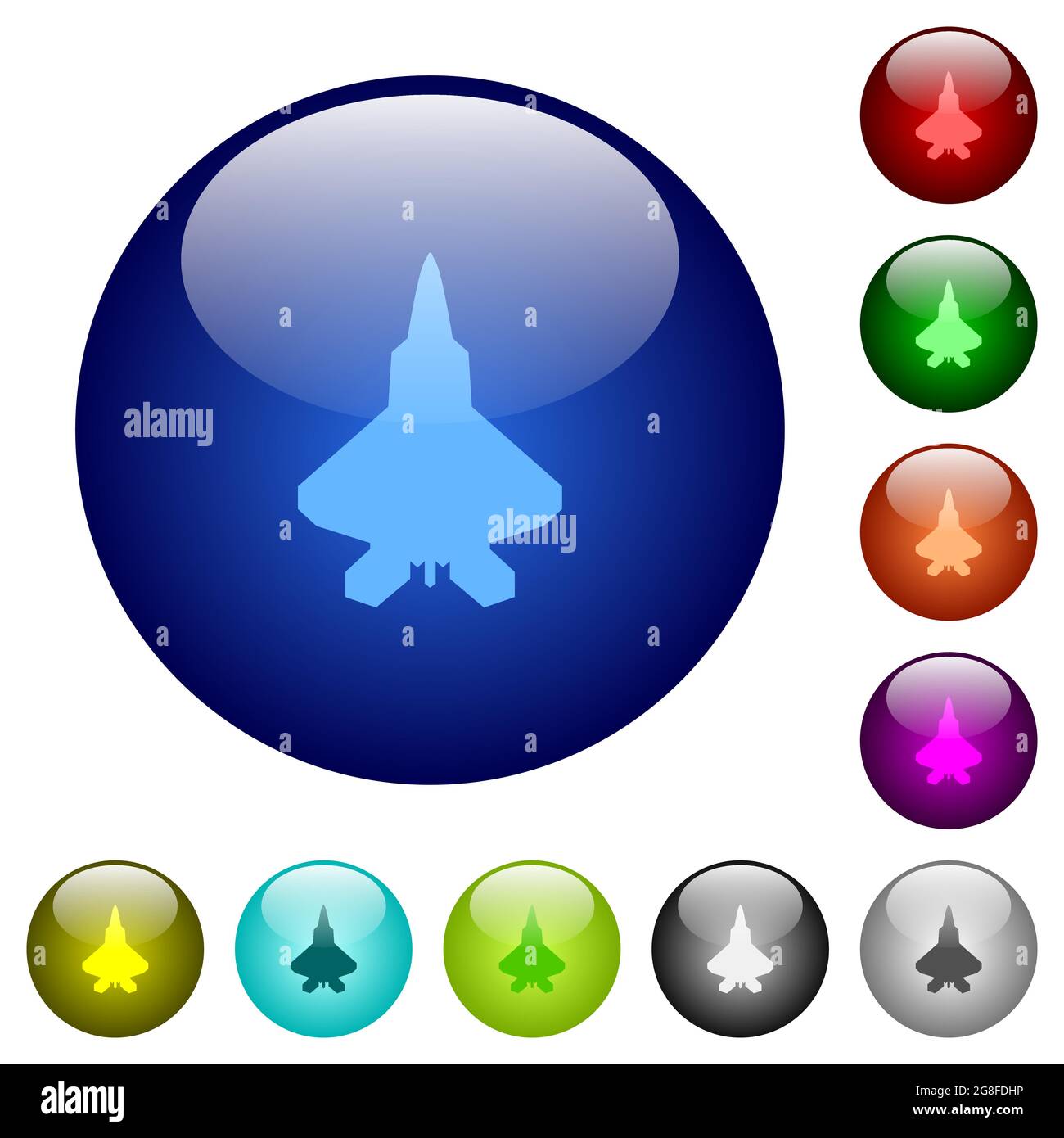 Jet fighter silhouette icons on round glass buttons in multiple colors ...