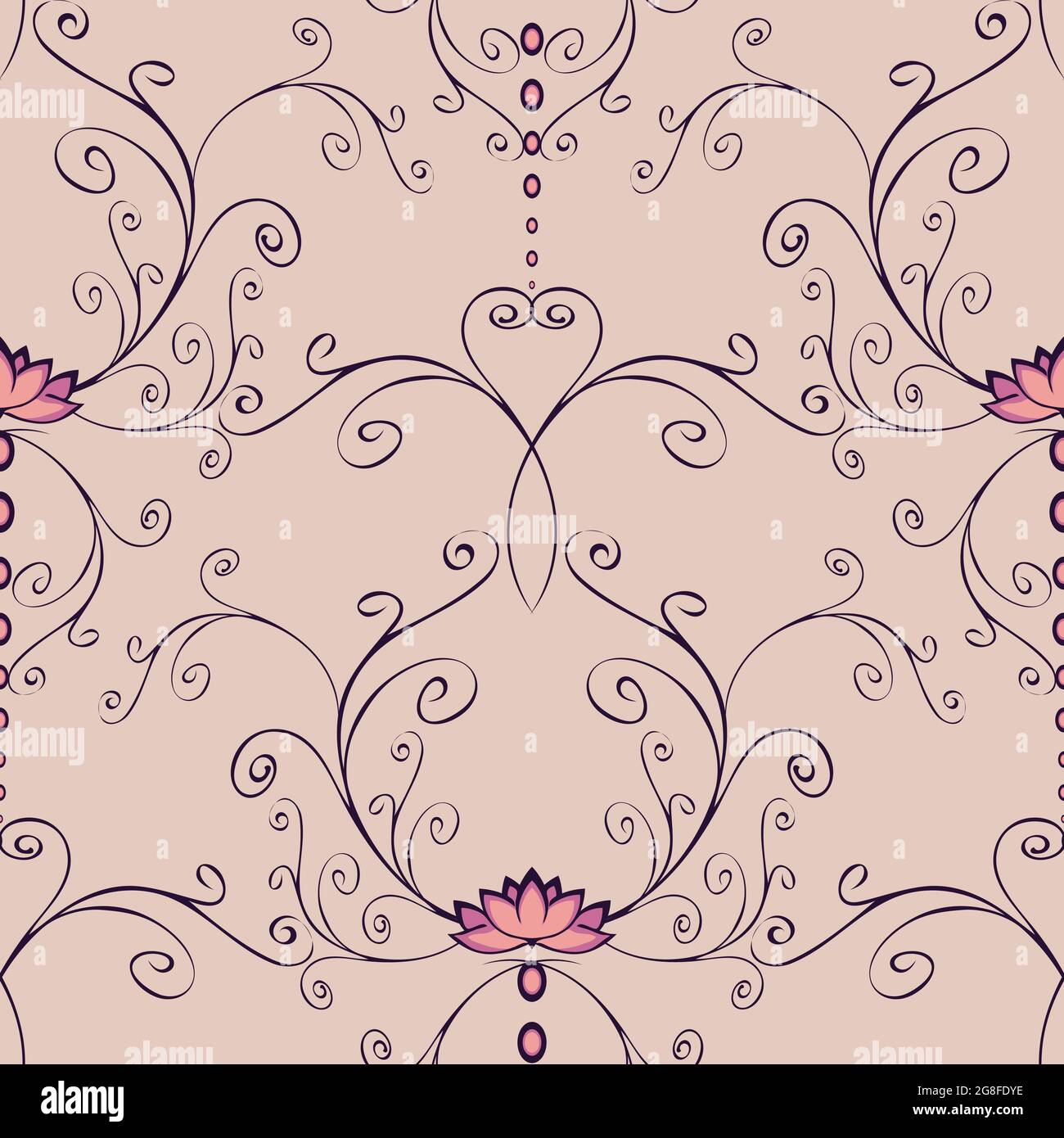 Seamless vector pattern with pink lotus flowers and curved lines on ...
