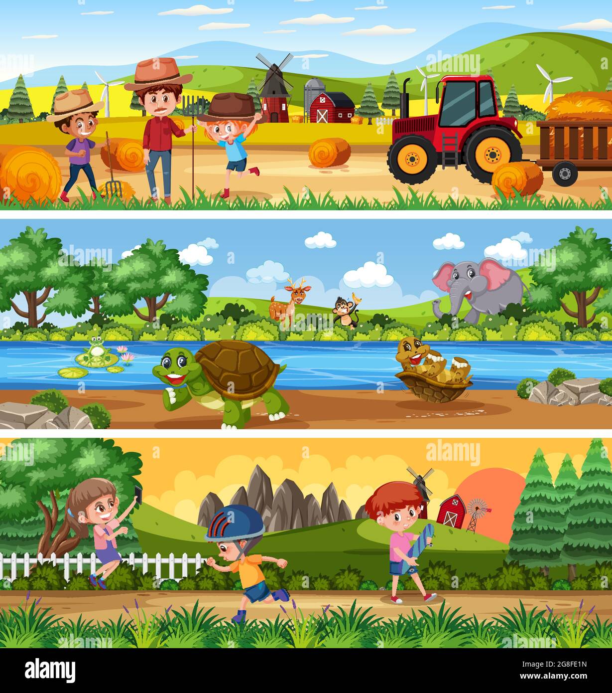 Different nature landscape at daytime scene with cartoon character ...