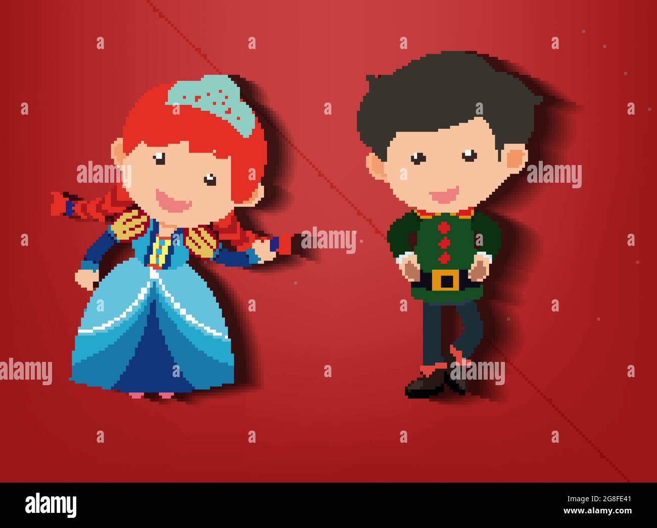 Little princess and guard cartoon character on red background ...