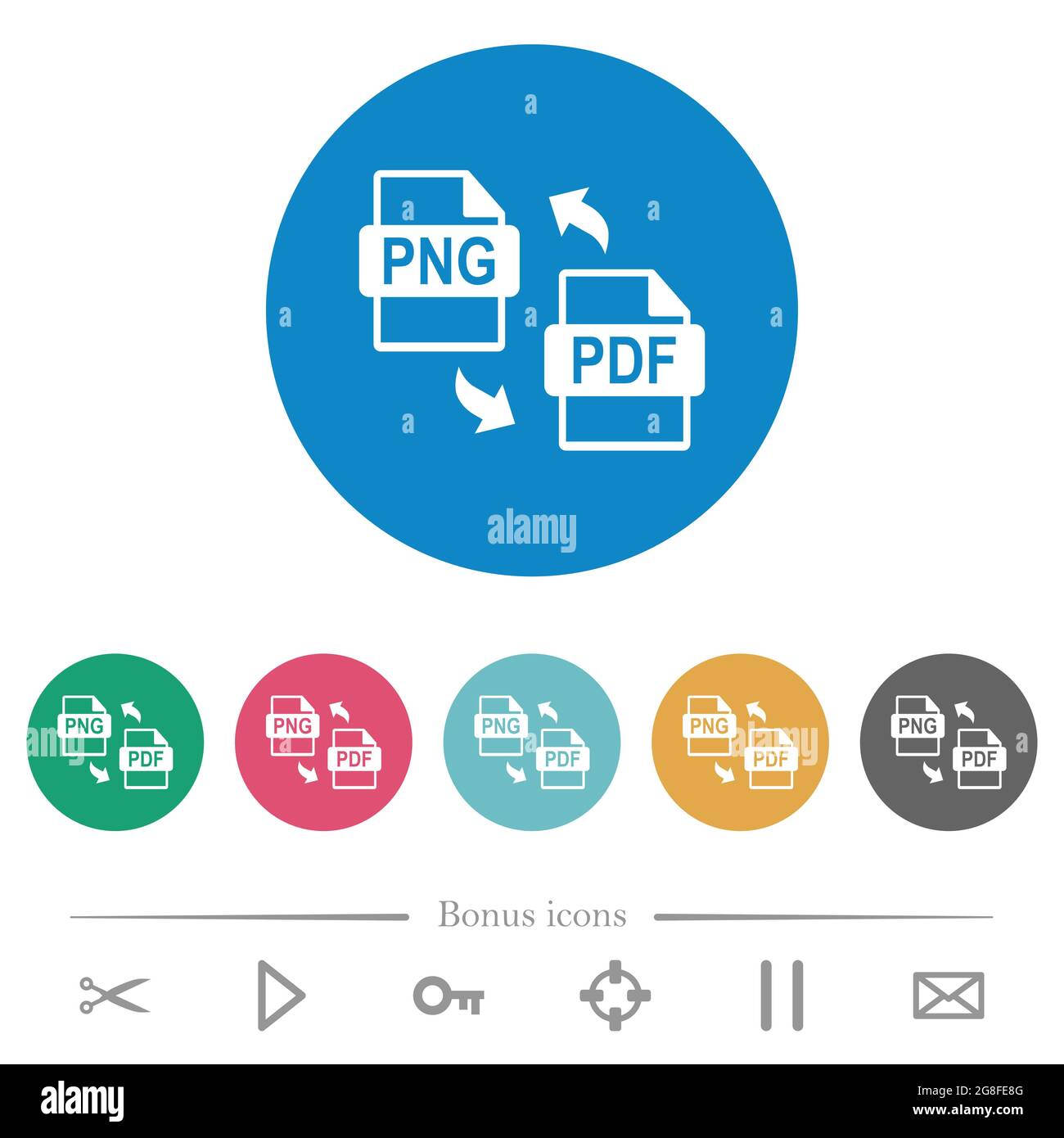 PNG PDF file conversion flat white icons on round color backgrounds. 6 ...
