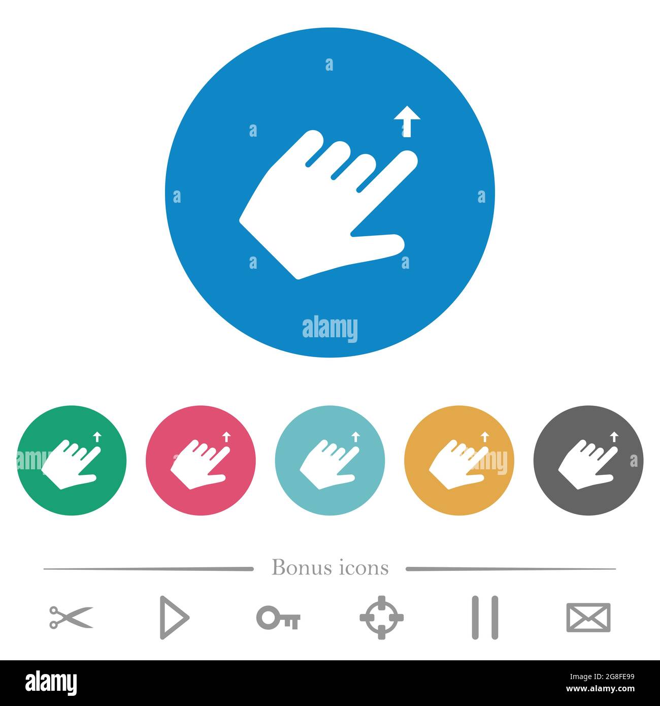 Left handed move up gesture flat white icons on round color backgrounds. 6 bonus icons included ...