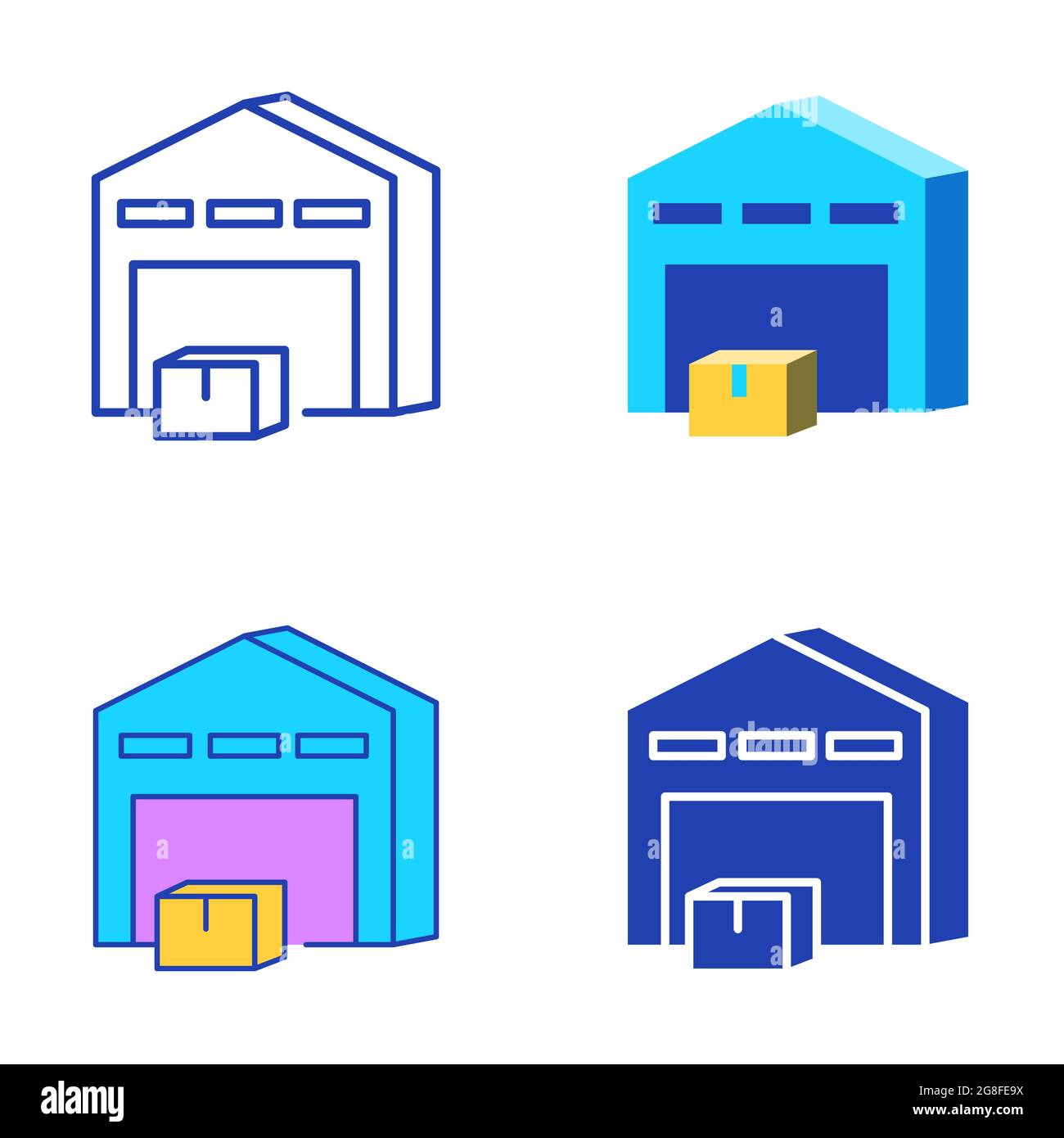 Warehouse icon set in flat and line style. Storage building with parcel ...