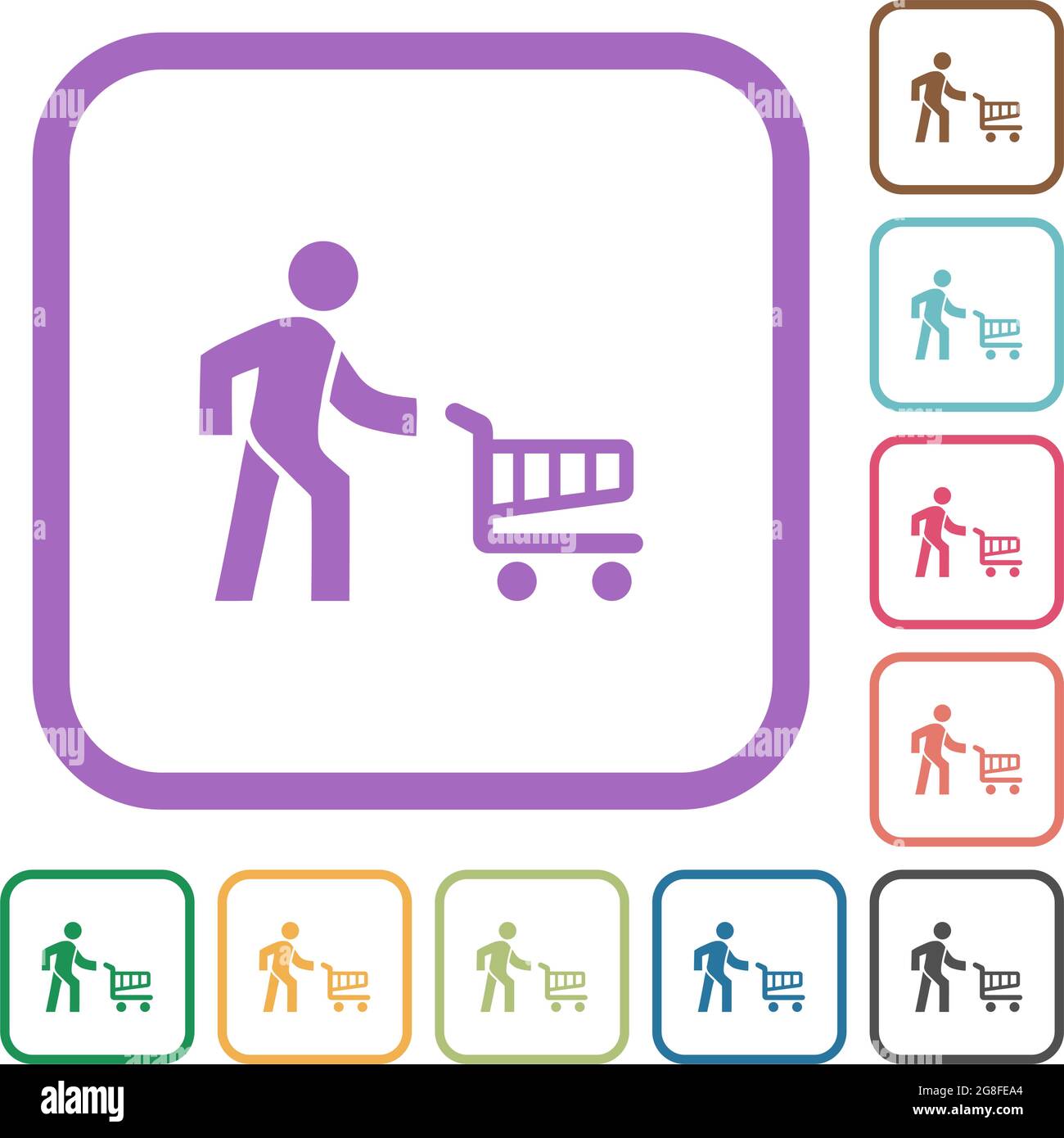 Shopping person with cart simple icons in color rounded square frames ...