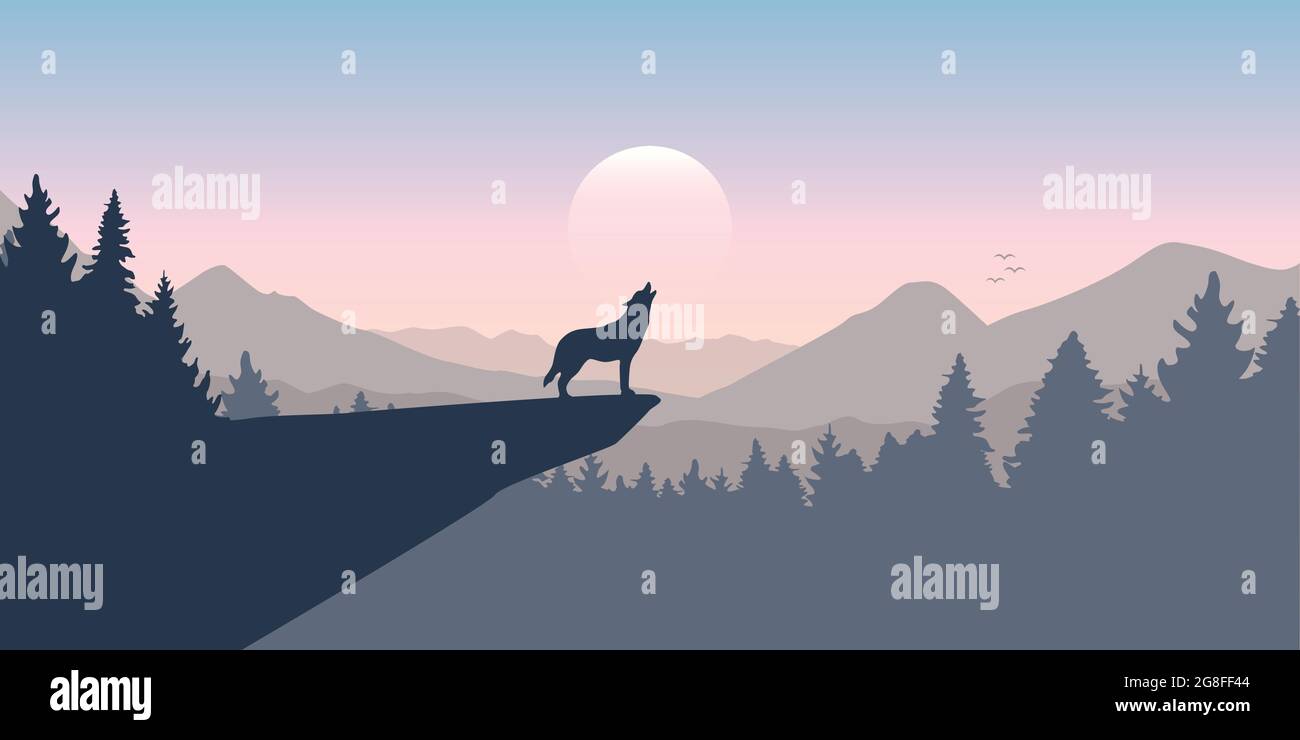 wolf howls to the full moon in forest on mountain landscape Stock ...