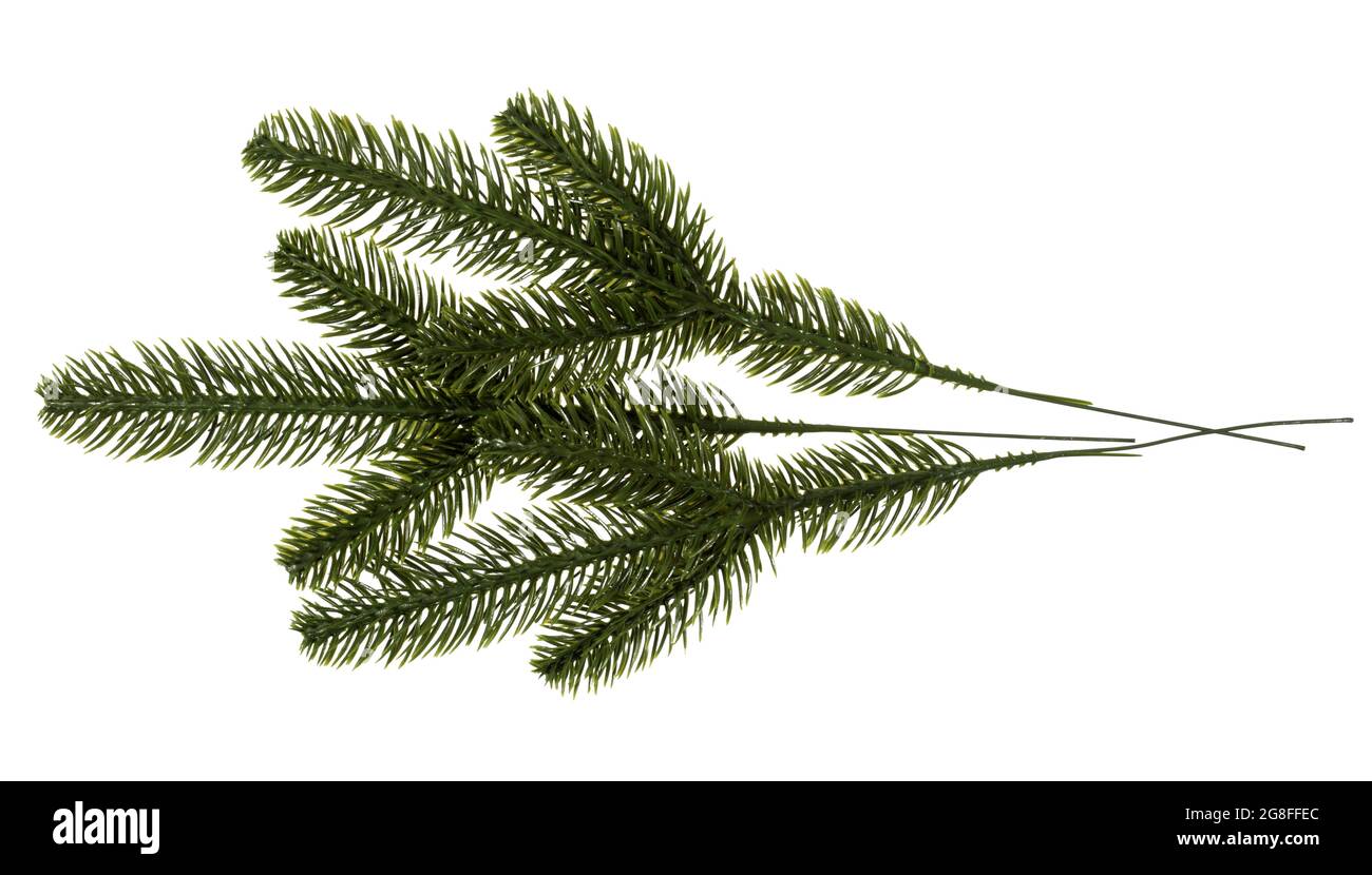 Three artificial spruce branches, close-up, isolated on white ...