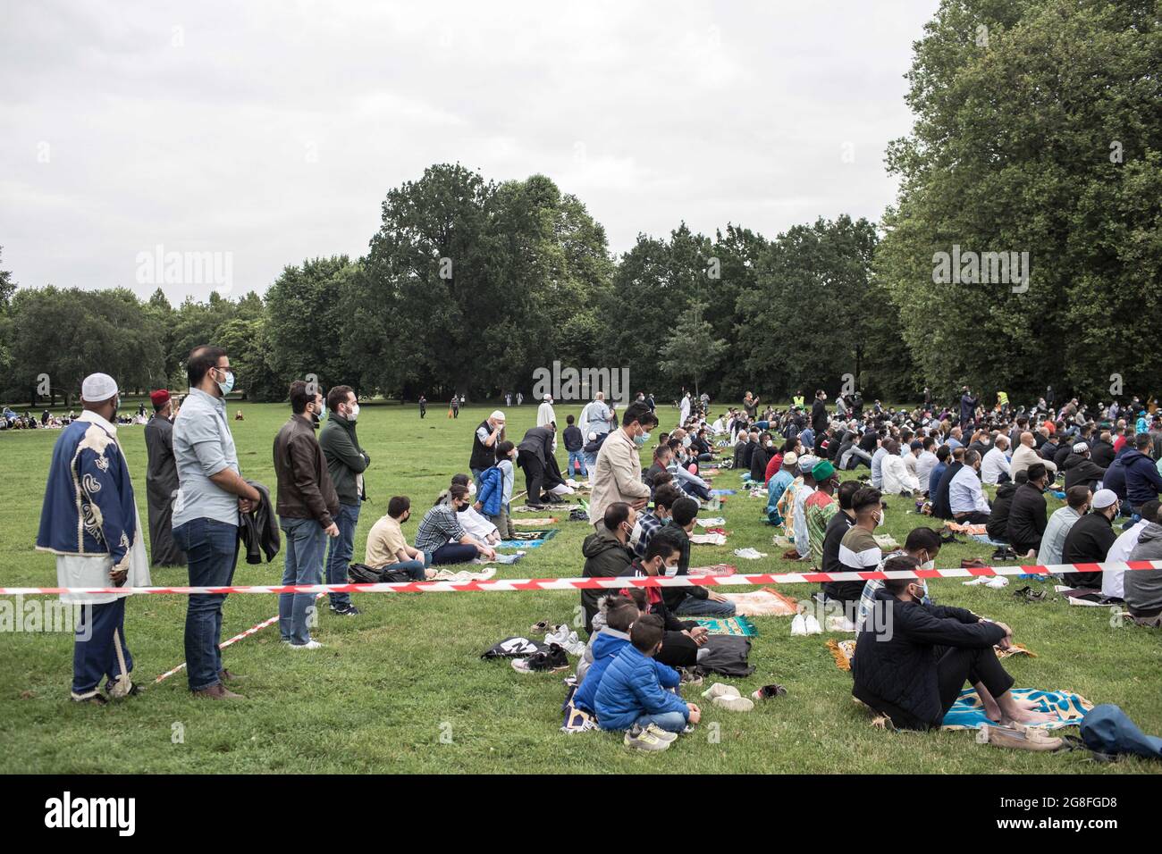 Hanover, Germany. 20th July, 2021. Muslims perform Eid al-Adha prayers ...