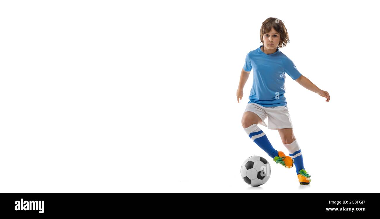 Flyer with little sportsman, football soccer player, boy playing ...