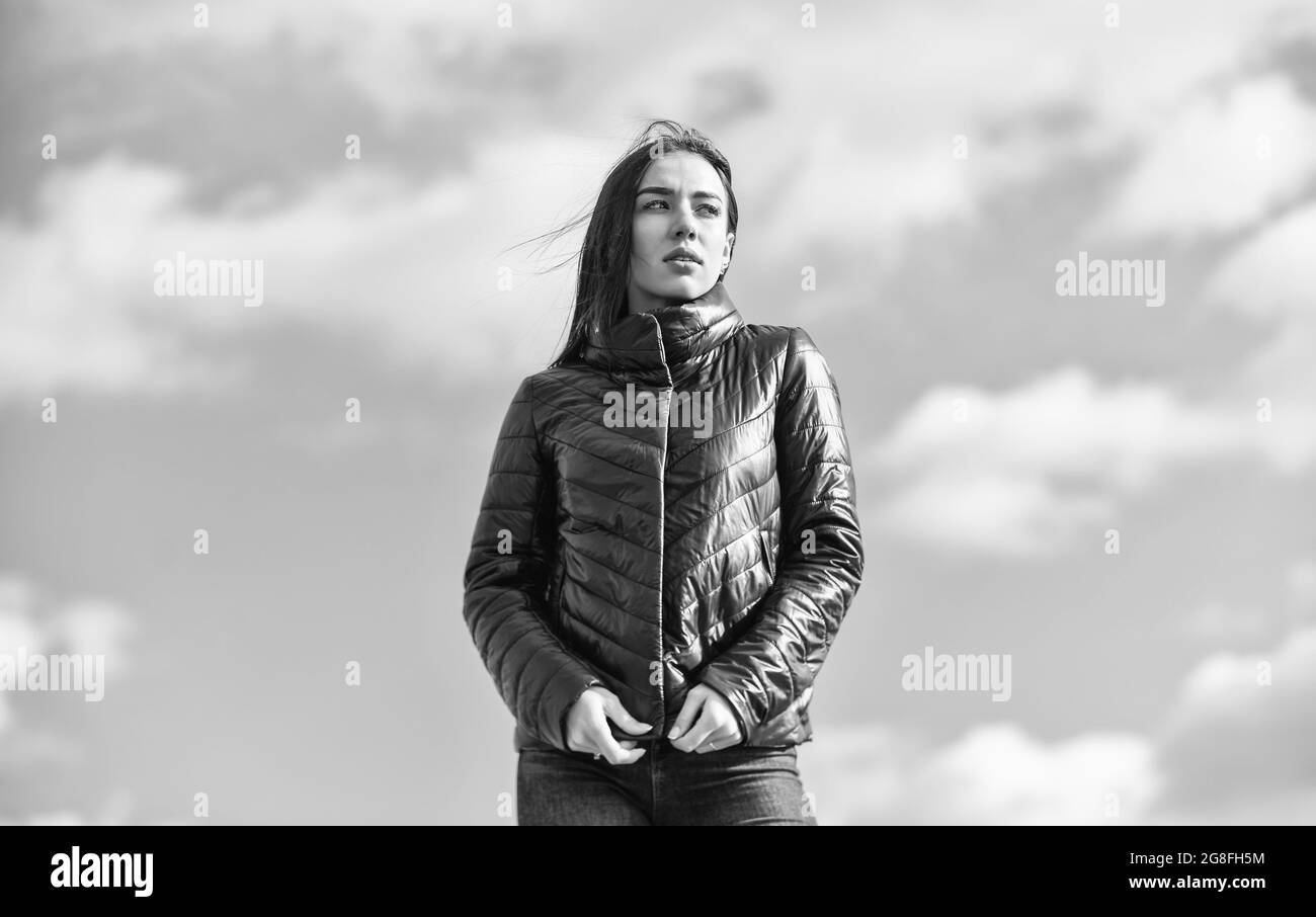 Beauty and fashion look. Girl spring jacket blue sky background. Woman ...