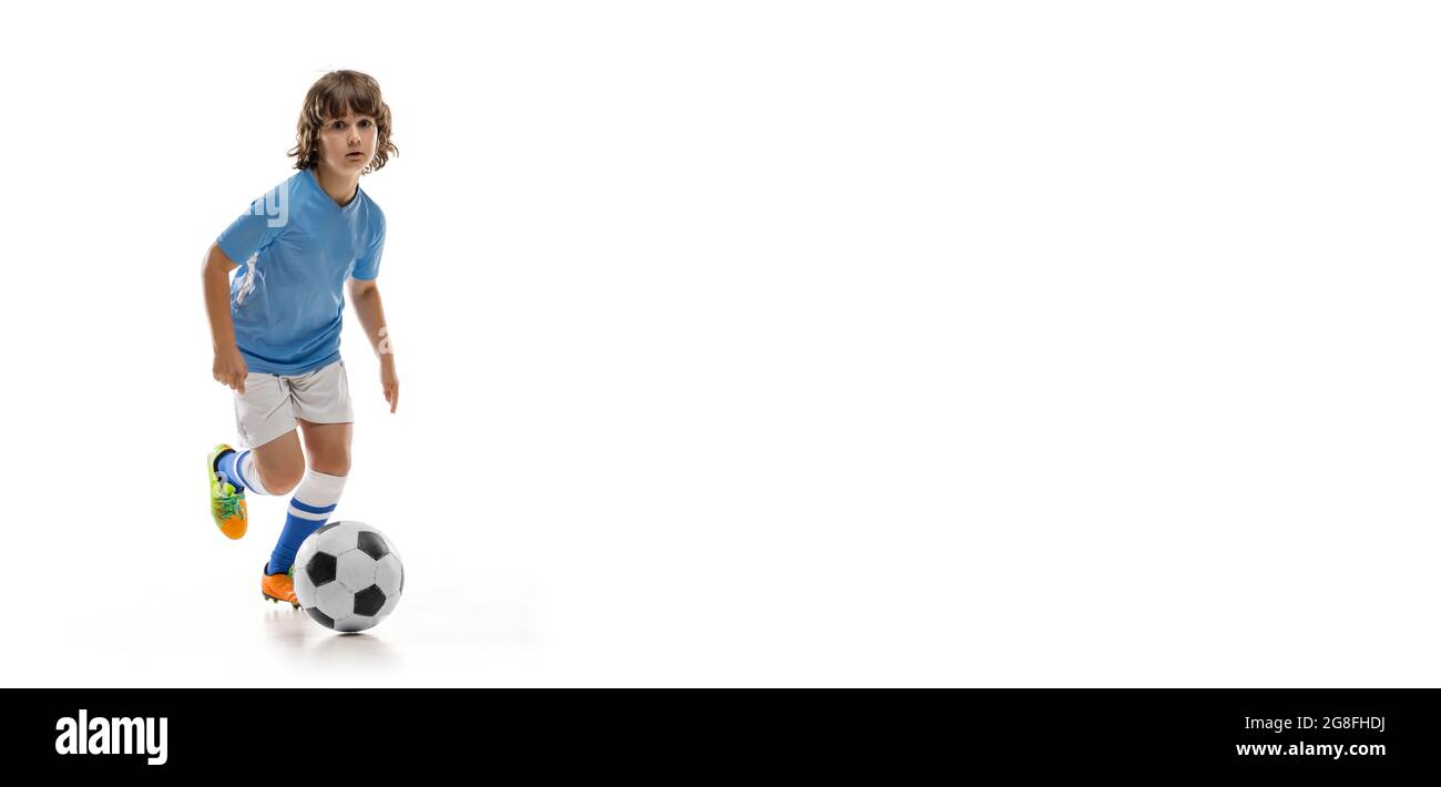 Flyer with little sportsman, football soccer player, boy playing ...