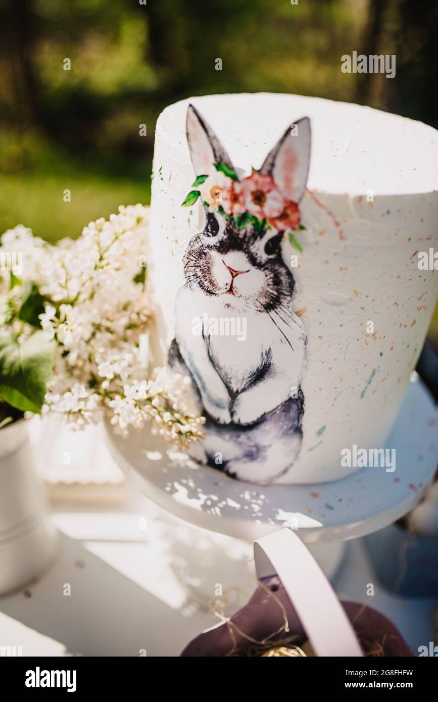 Vertical closeup shot of a decorative Easter bunny cake Stock Photo - Alamy