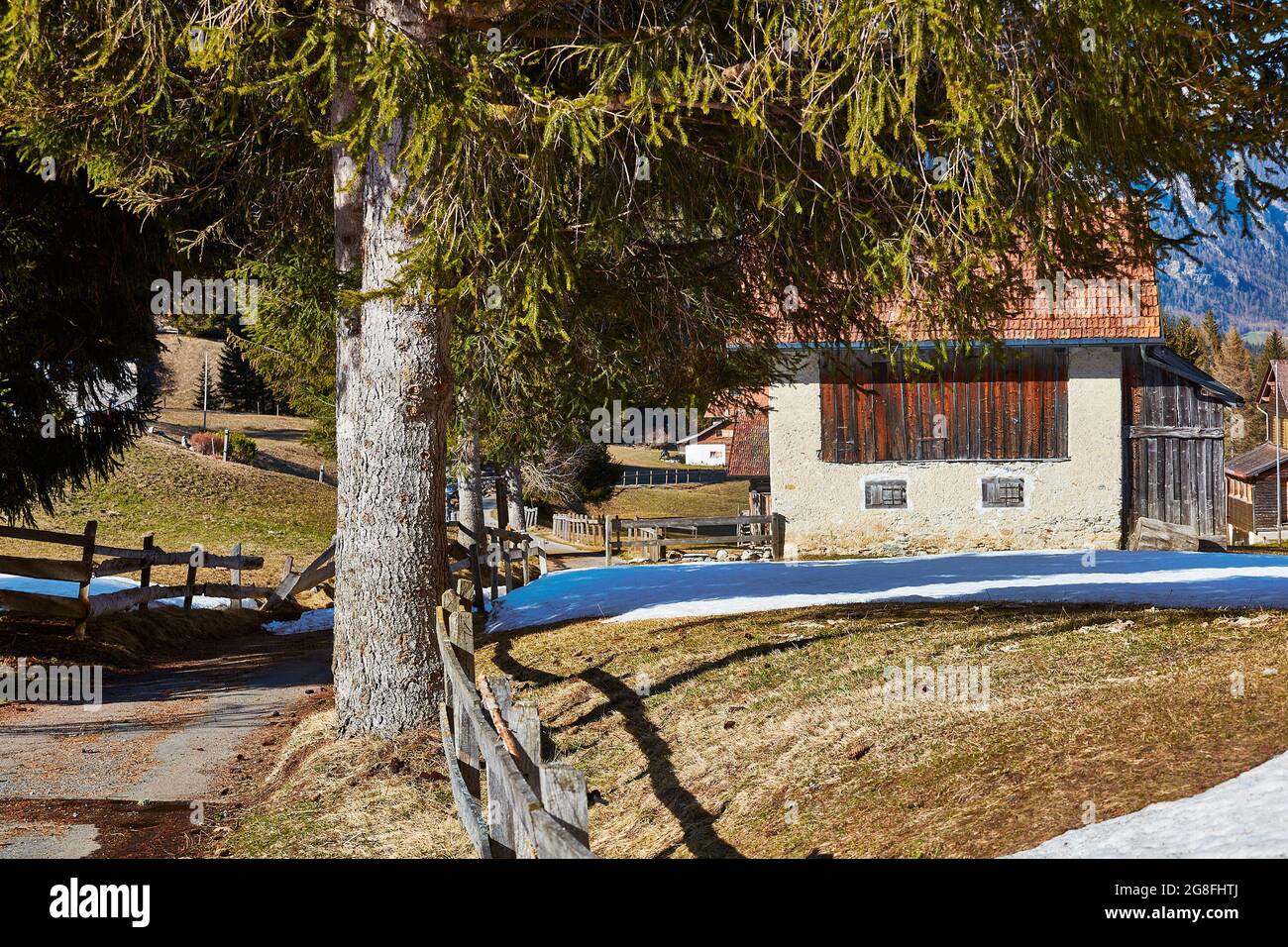 Houses in Kunkels at the end of Taminatal valley near Kunkelspass with ...