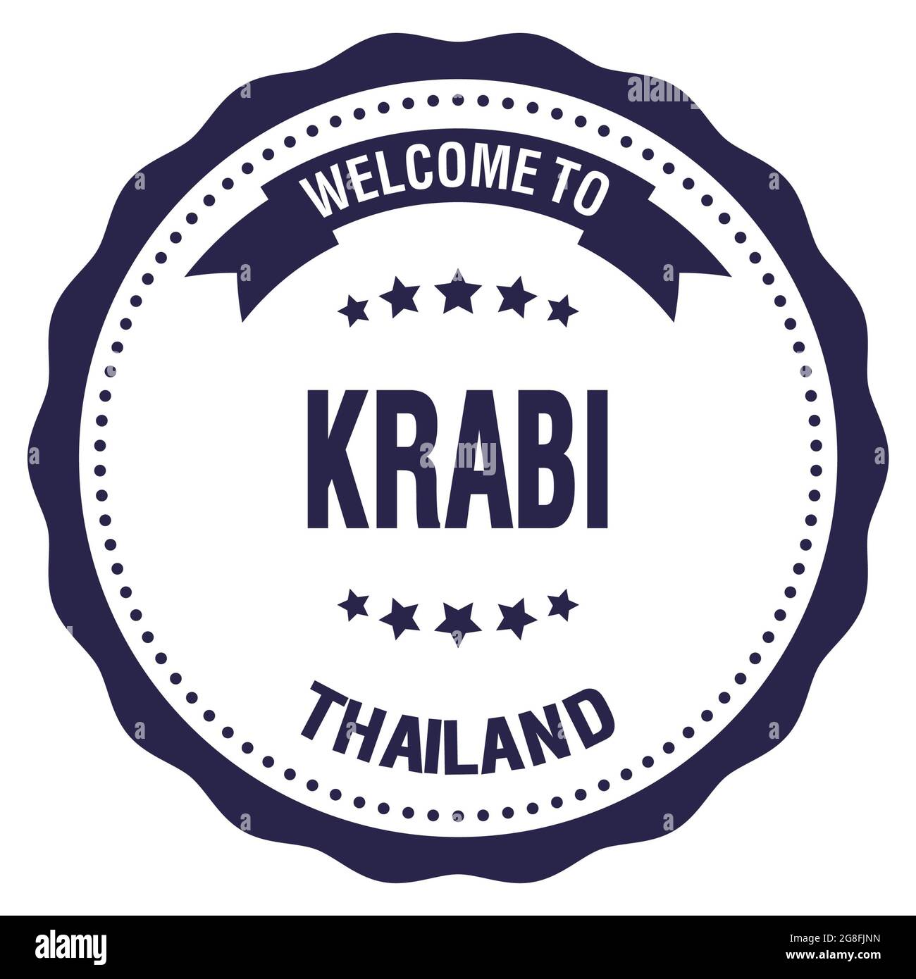 WELCOME TO KRABI - THAILAND, words written on blue round badge stamp ...