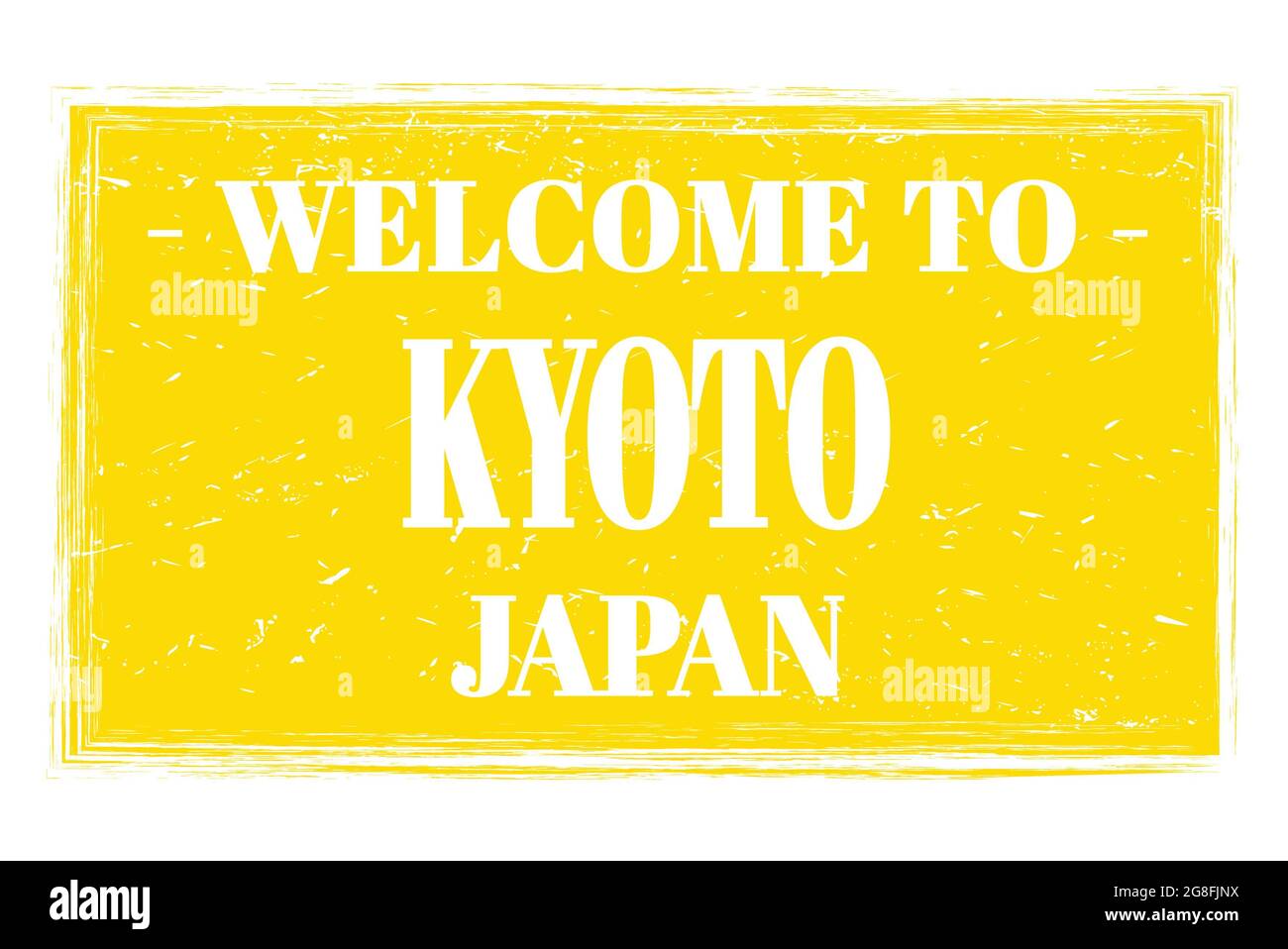 WELCOME TO KYOTO - JAPAN, words written on yellow rectangle post stamp ...