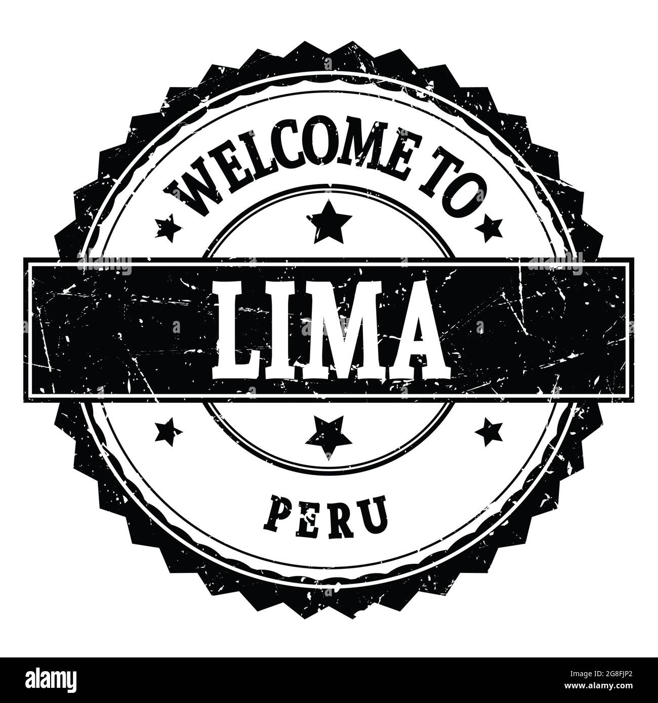 WELCOME TO LIMA - PERU, words written on black round zig zag stamp ...