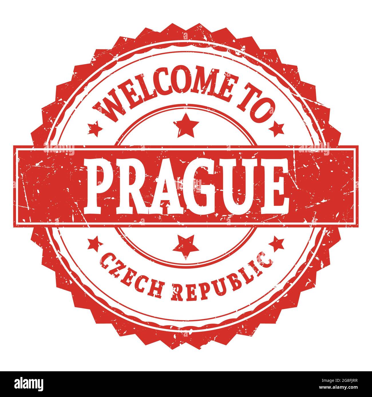 WELCOME TO PRAGUE - CZECH REPUBLIC, words written on red round zig zag ...