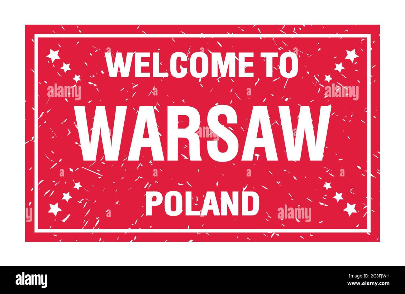 WELCOME TO WARSAW - POLAND, words written on red rectangle flag stamp ...
