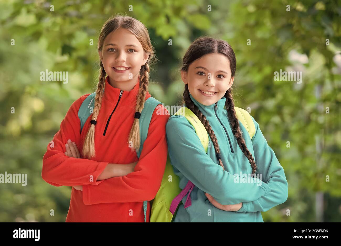 Vacation travel. Happy children smile natural outdoors. Summer vacation ...