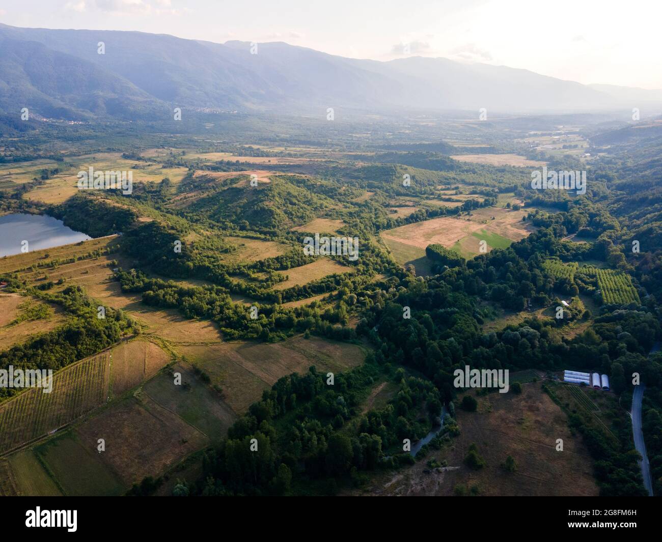 Aerial Sunset view of Petrich valley, Blagoevgrad region, Bulgaria ...