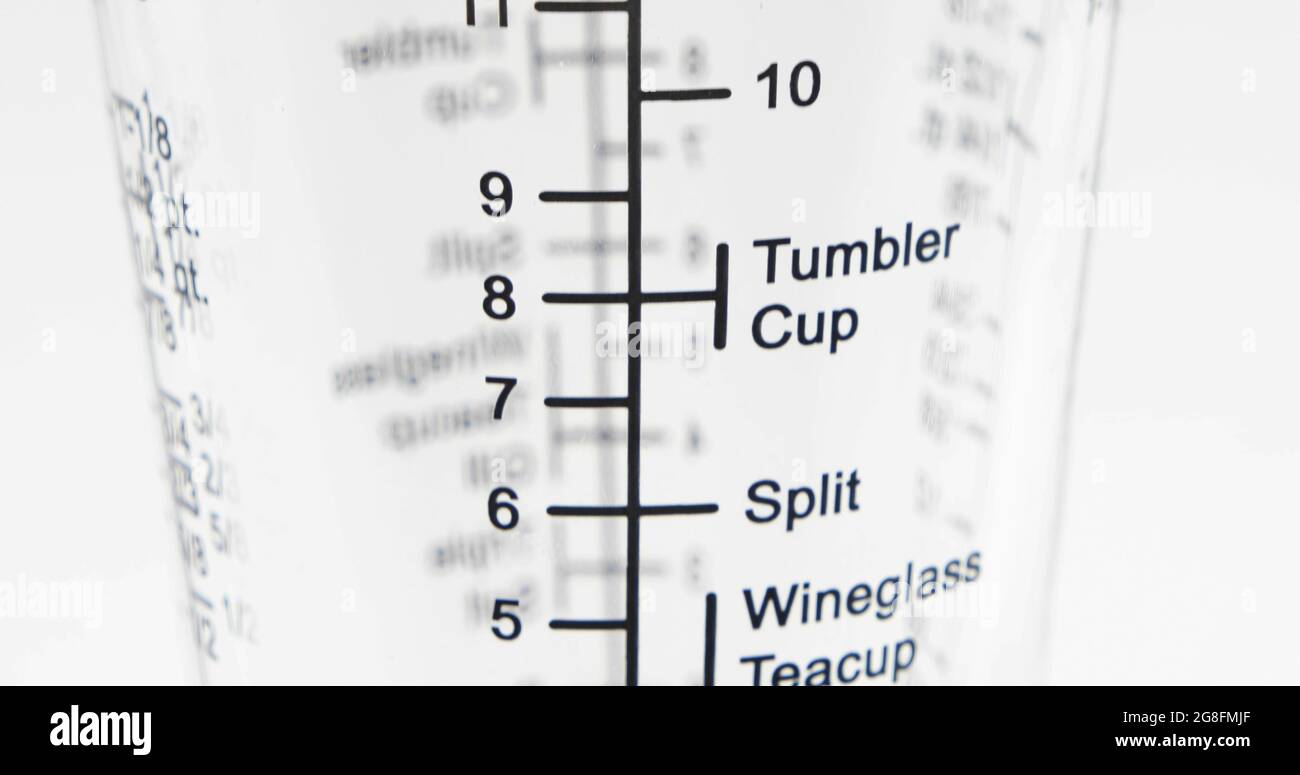 Closeup of a clear glass measuring cup with number scales on it Stock ...