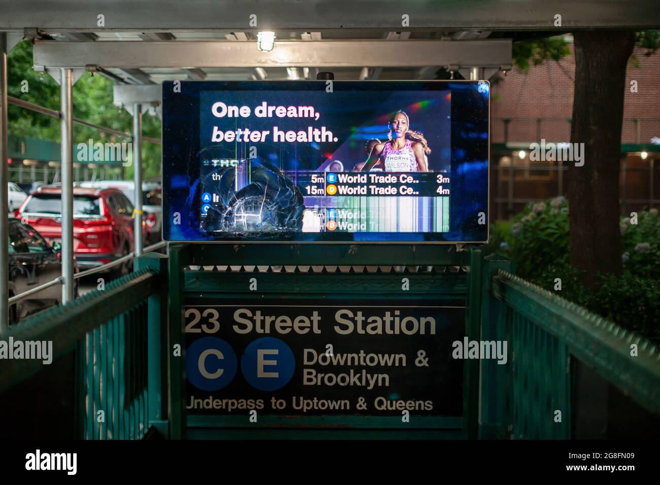 An MTA digital advertising display at the entrance to the 23rd St ...
