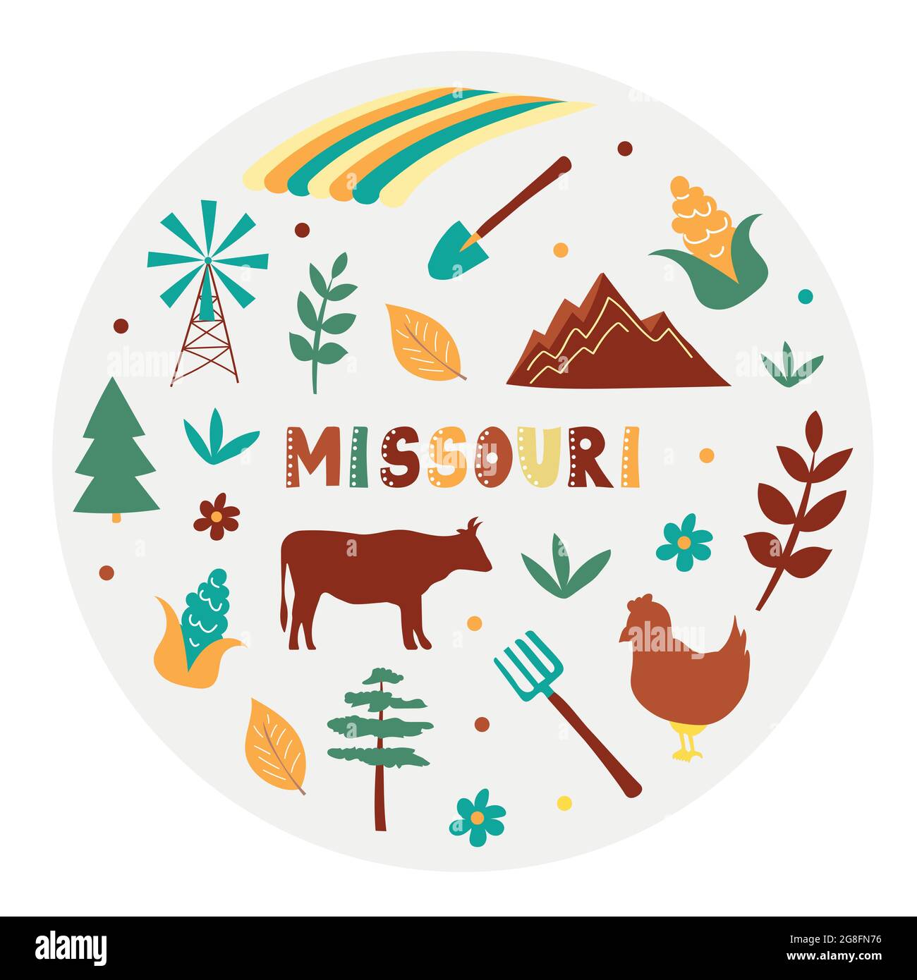 USA collection. Vector illustration of Missouri. State Symbols - round ...