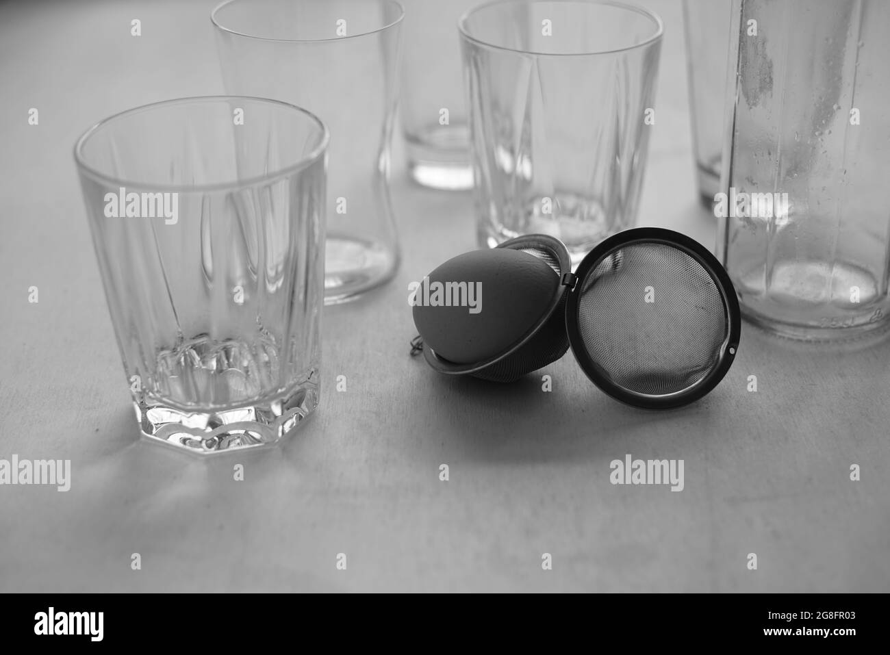 Egg and glass as fragile, wet, hard and strong elements of a household ...