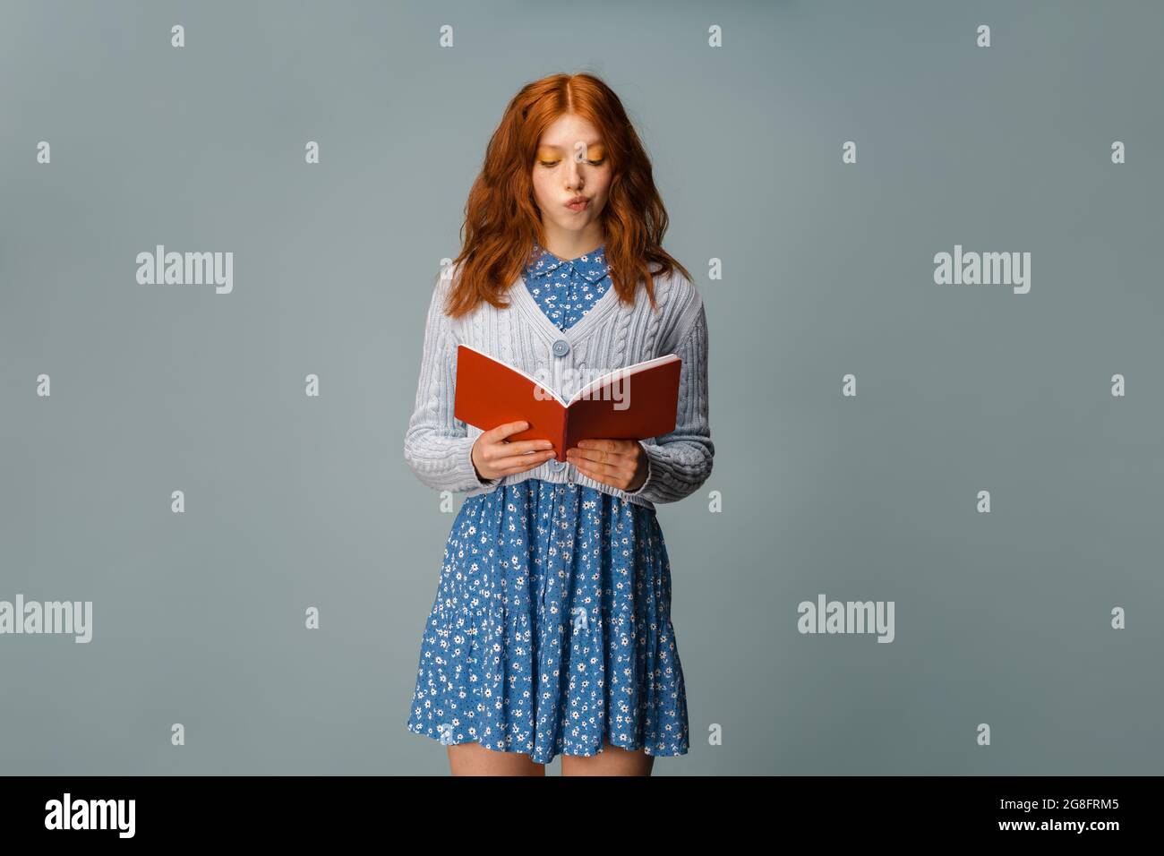 Young ginger puzzled woman posing while reading her diary isolated over grey background Stock ...