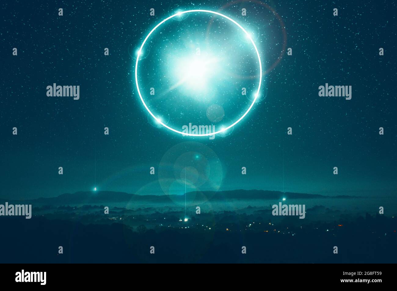A science fiction concept of a glowing portal floating above the ...