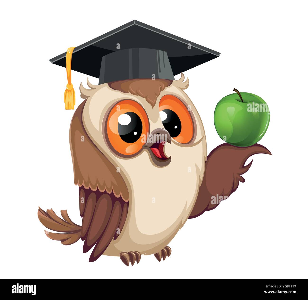 Owl in graduation cap holding green apple. Back to school. Wise owl ...
