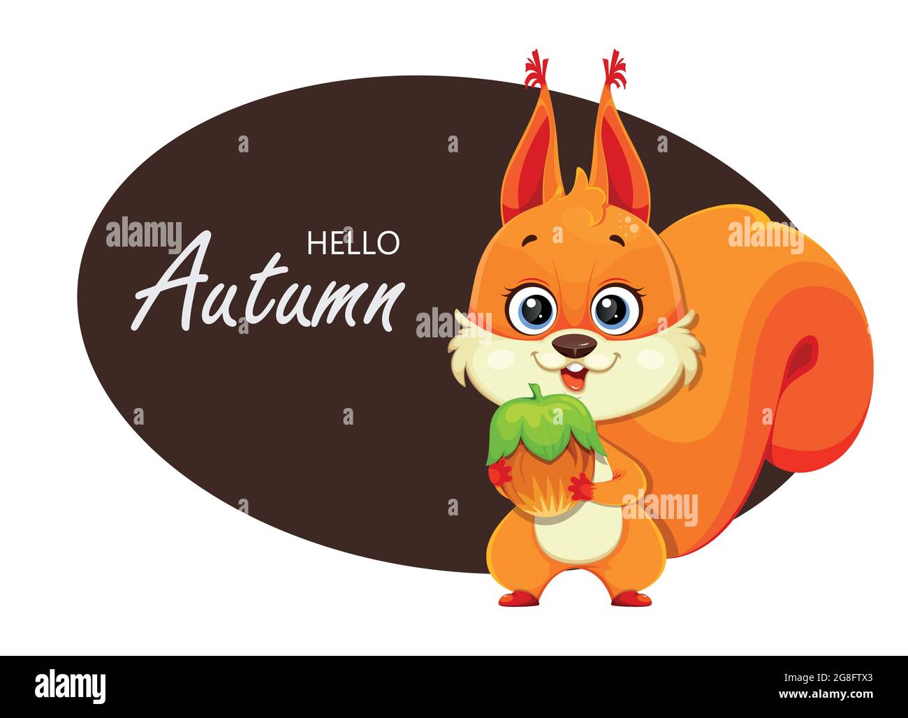 Hello autumn. Cute fluffy squirrel holding nut, funny cartoon character ...