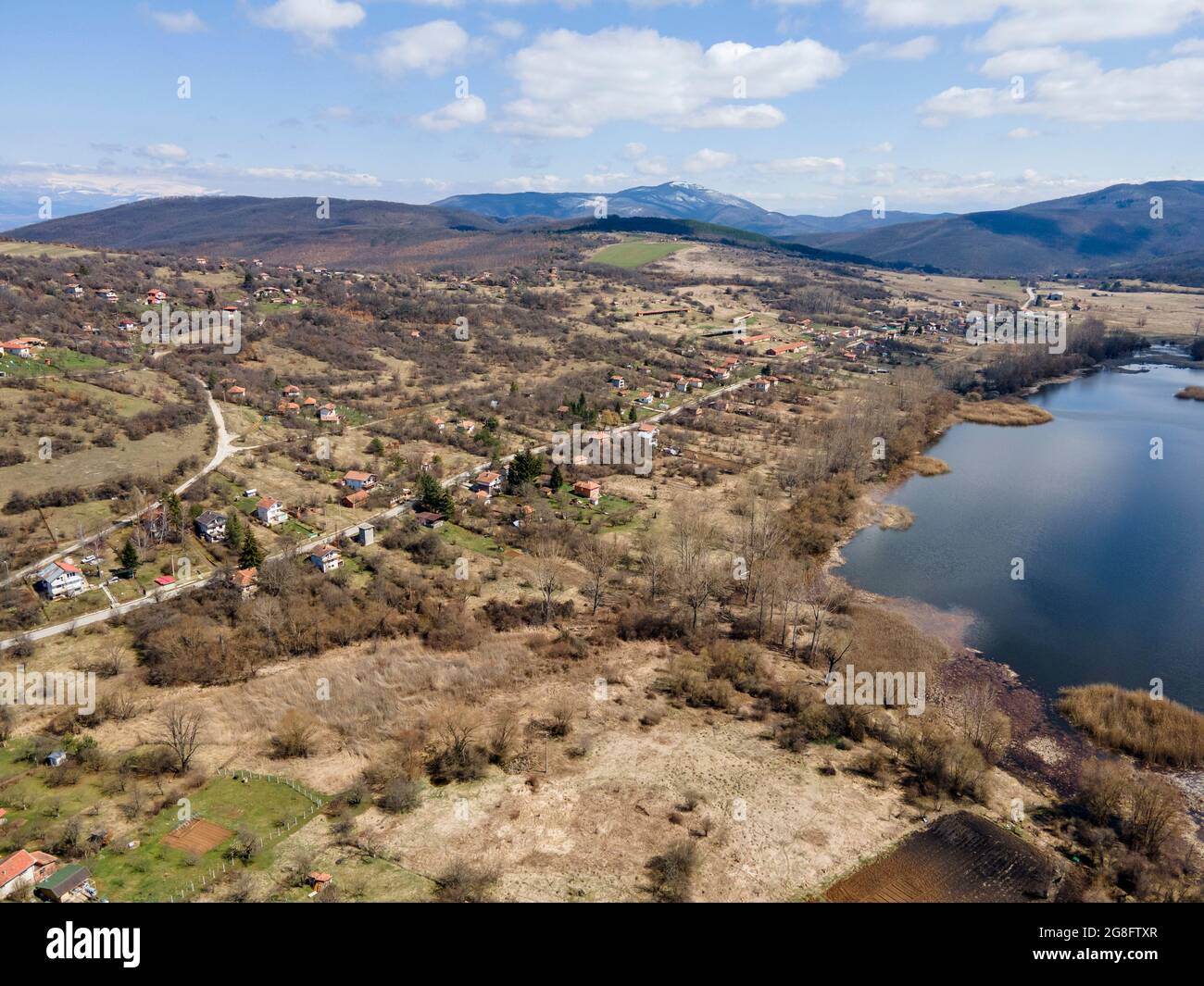 Aerial Spring view of Choklyovo swamp at Konyavska Mountain, Kyustendil ...