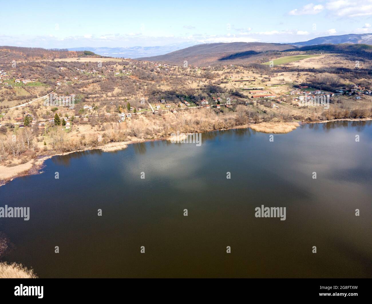 Aerial Spring view of Choklyovo swamp at Konyavska Mountain, Kyustendil ...