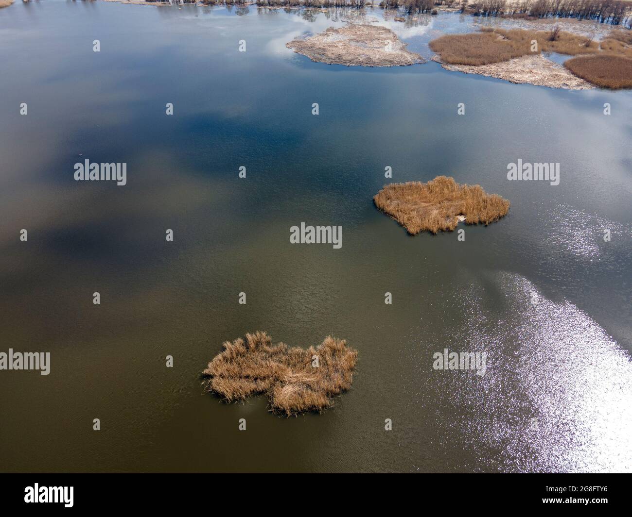 Aerial Spring view of Choklyovo swamp at Konyavska Mountain, Kyustendil ...