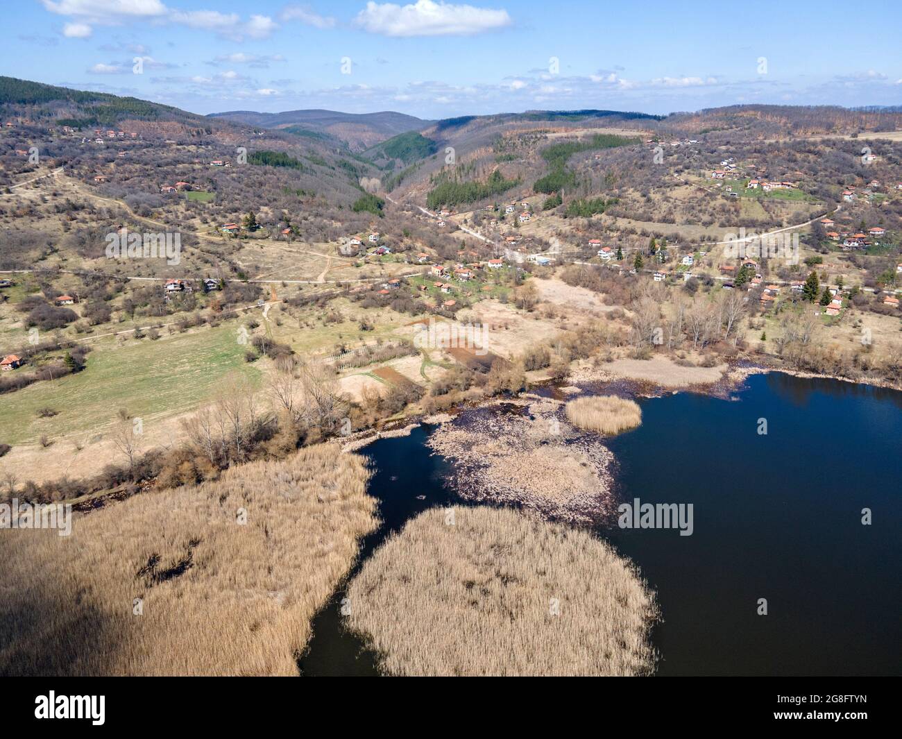 Aerial Spring view of Choklyovo swamp at Konyavska Mountain, Kyustendil ...