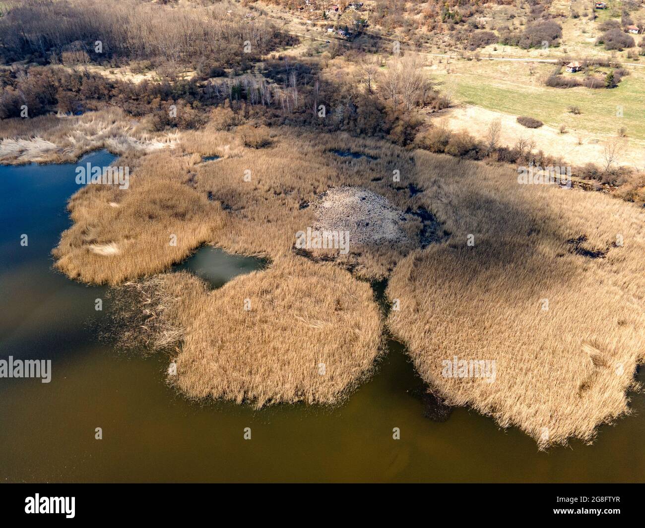 Aerial Spring view of Choklyovo swamp at Konyavska Mountain, Kyustendil ...