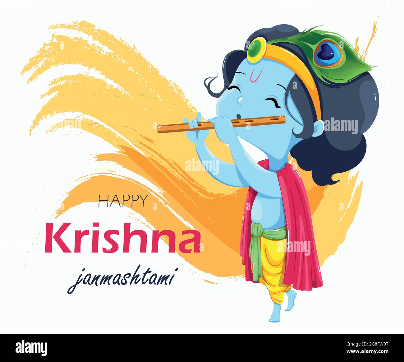 Happy Krishna Janmashtami greeting card. Lord Krishna kid paying flute ...