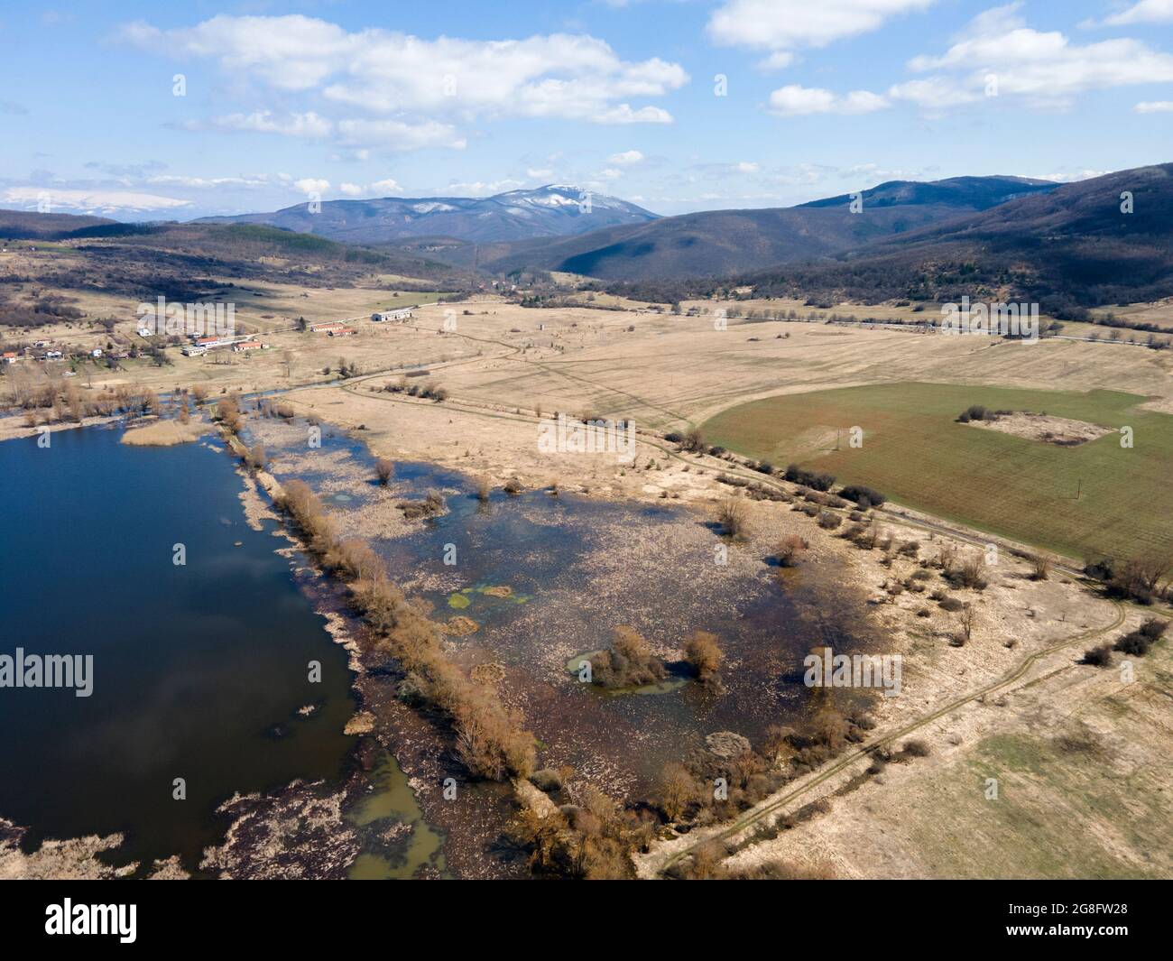 Aerial Spring view of Choklyovo swamp at Konyavska Mountain, Kyustendil ...