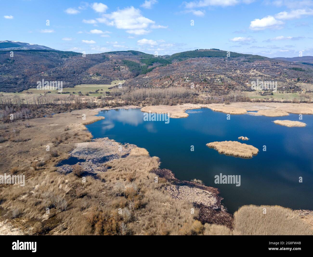 Aerial Spring view of Choklyovo swamp at Konyavska Mountain, Kyustendil ...