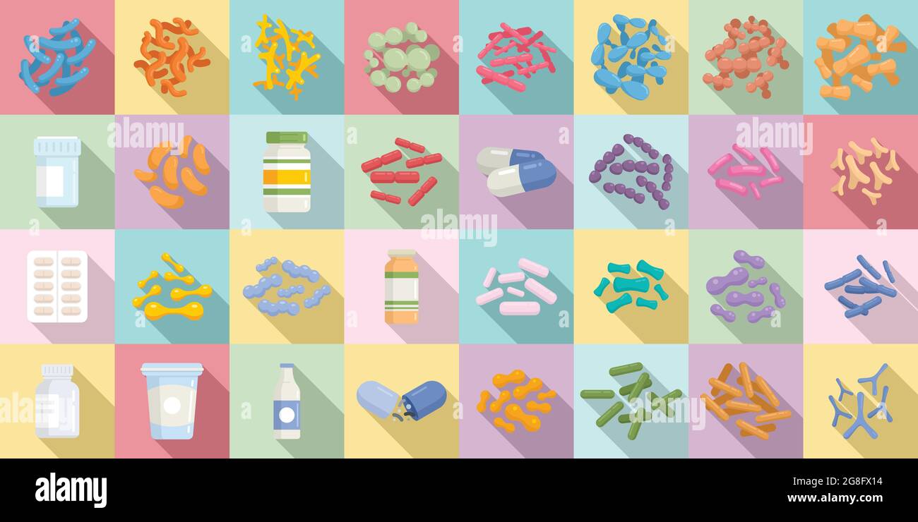 Probiotics icons set flat vector. Stomach prebiotic. Bacteria ...