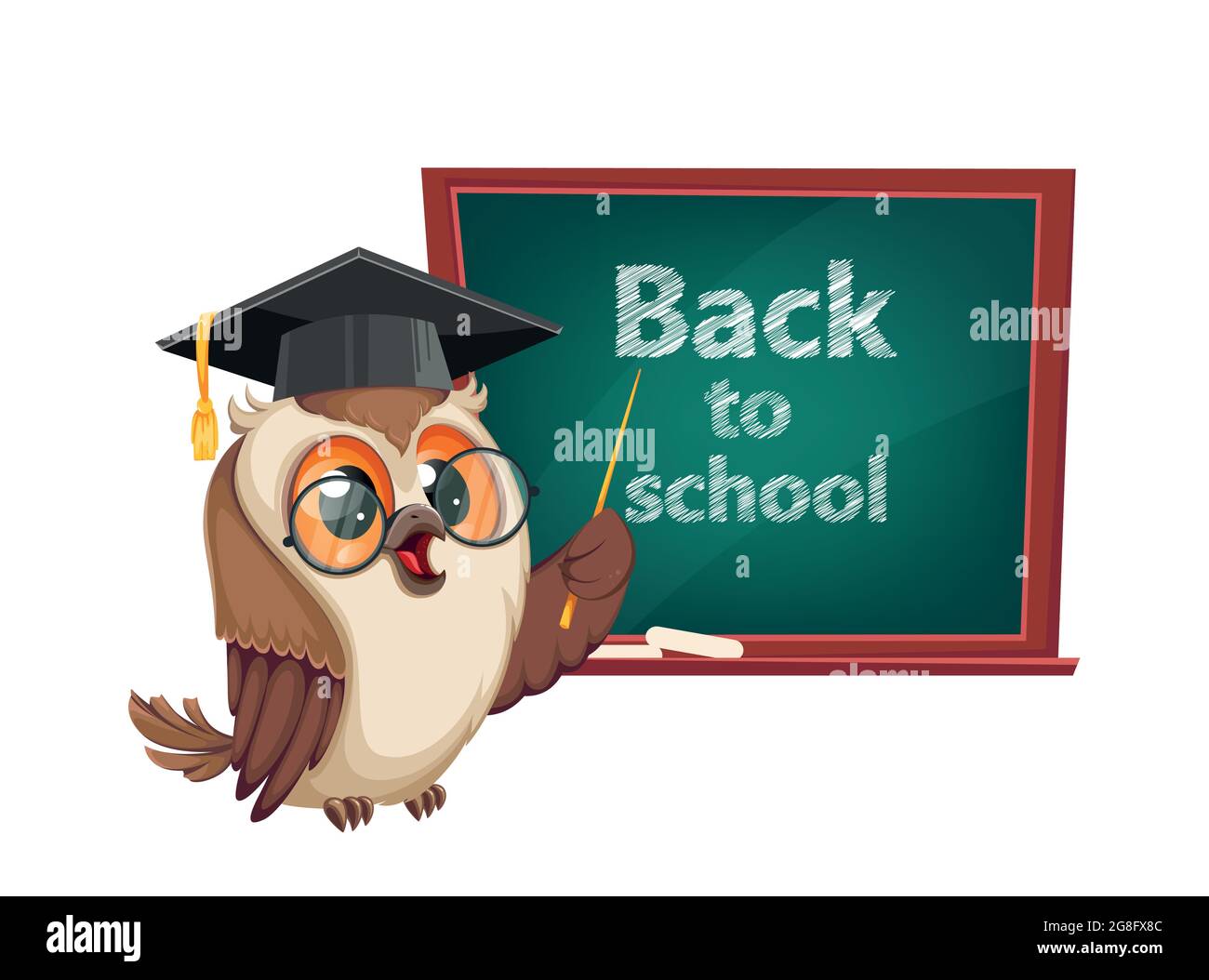 Owl in graduation cap standing near blackboard. Back to school. Wise ...