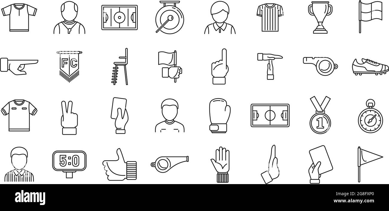 Match referee icons set outline vector. Player card. Referee whistle ...