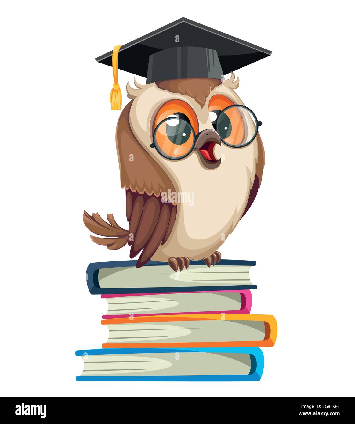 Owl in graduation cap sitting on a heap of books. Back to school. Wise ...